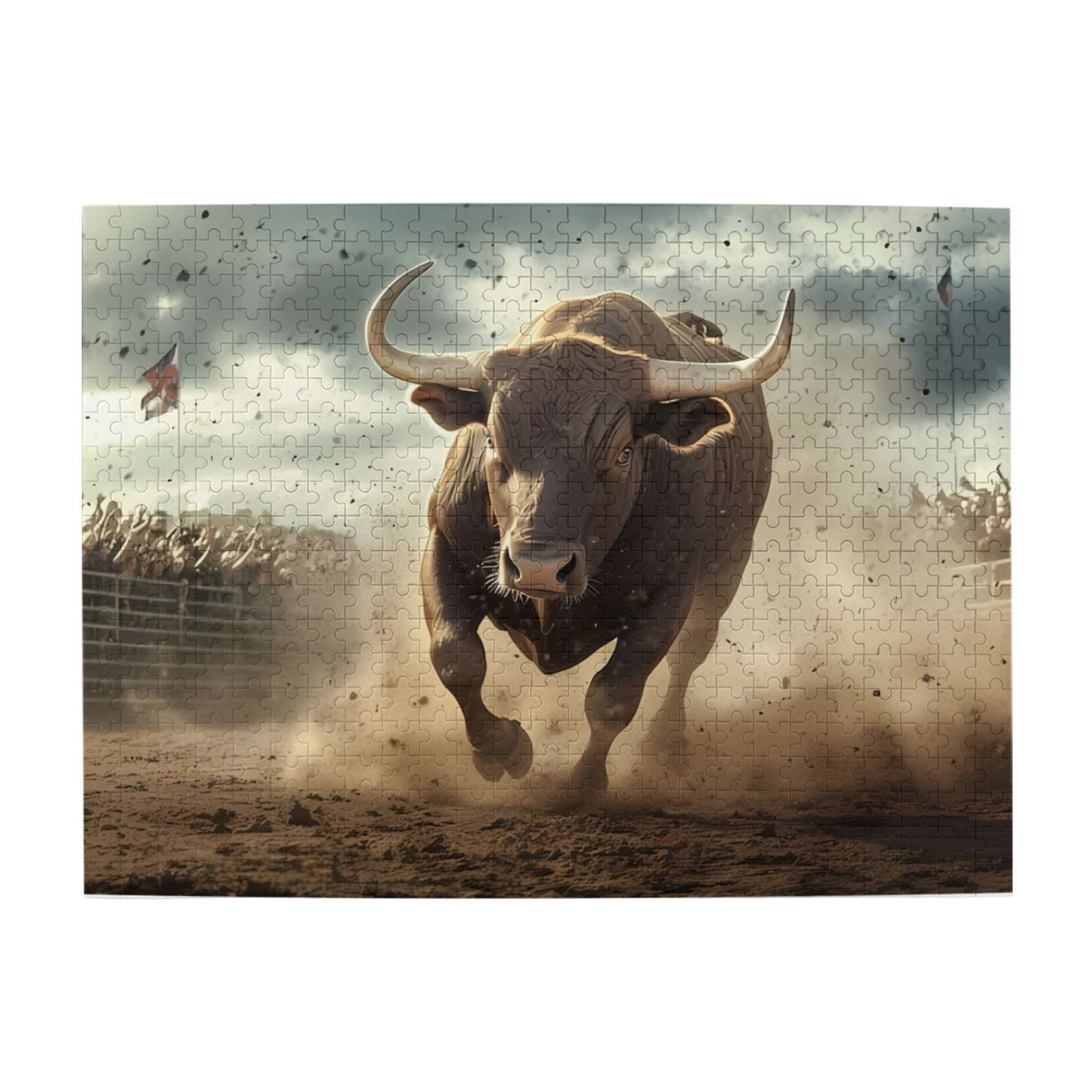 500-Piece Wooden Jigsaw Puzzle for Adults - Rodeo Arena Bull Crowd ...
