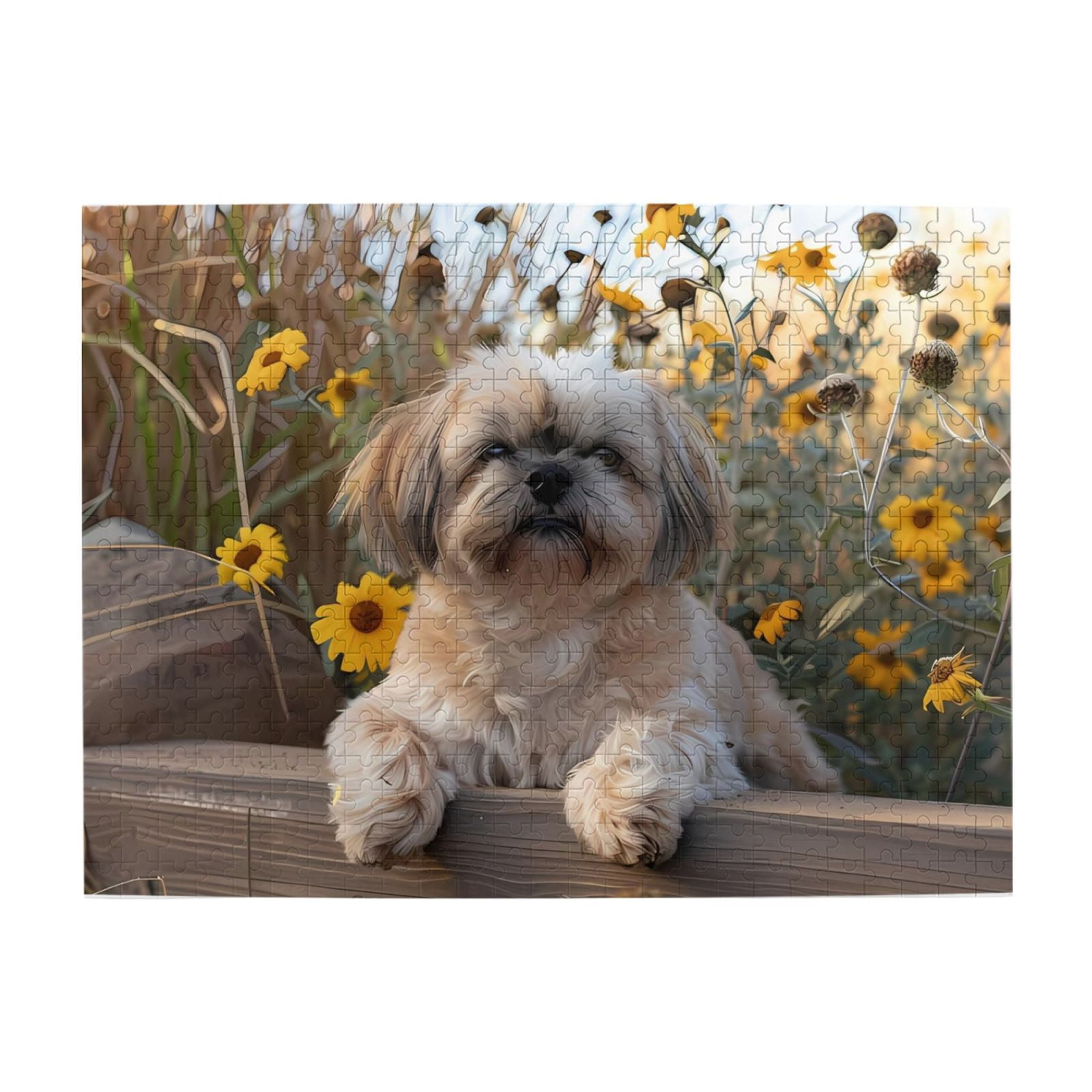 500-Piece Wooden Jigsaw Puzzle for Adults - Shih Tzu Yellow Flowers ...