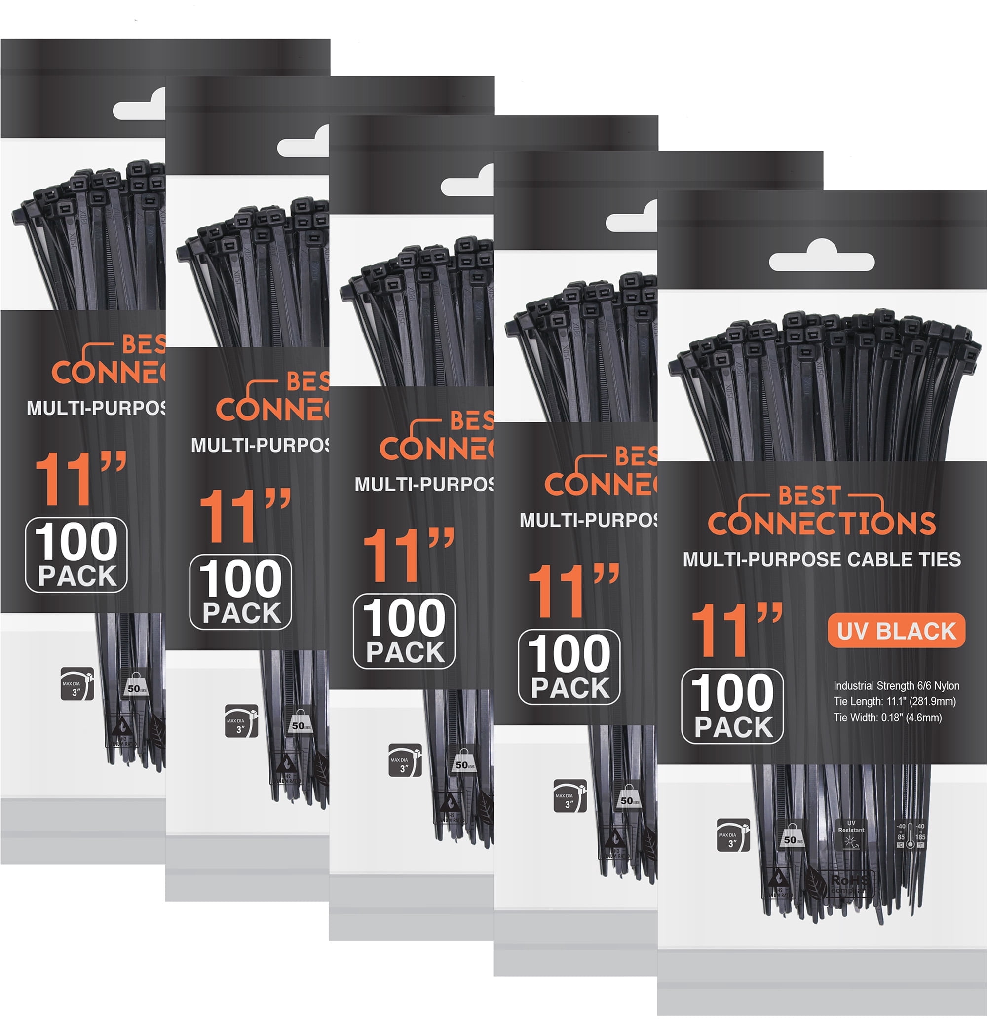 Best Connections 500 Piece, 11" Black Nylon Cable Ties, 50 Lb Tensile ...