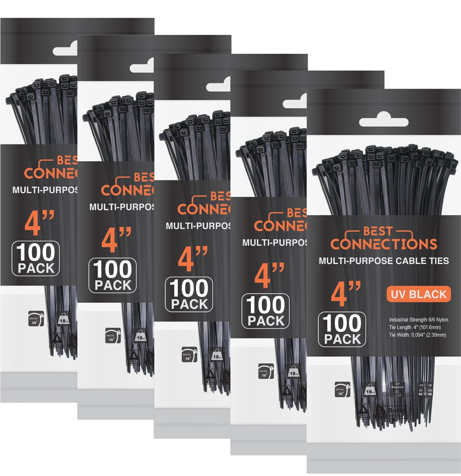 500 Pieces 4" Uv Black Nylon Cable Straps Zip Ties 18 Lbs Tensile ...