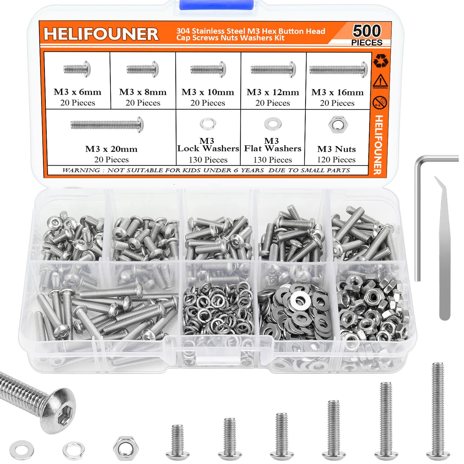 500 Pieces M3 x 6mm /8mm /10mm /12mm /16mm /20mm, Hex Button Head Cap ...