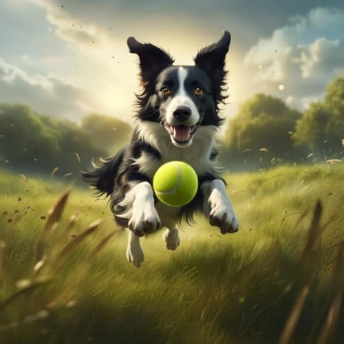 500 Pieces in The Morning, a Border Collie Jumps Across The Grass with ...