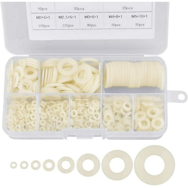 500 Pieces Plastic Washers Nylon Flat Washers M2 / M2.5 / M3 / M4 / M5 ...
