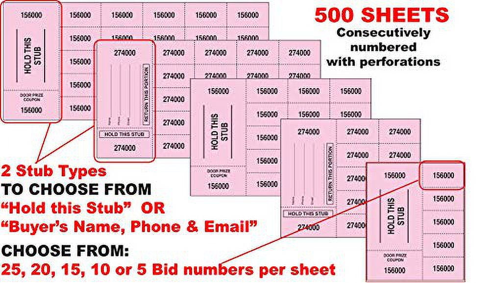 500 Pink Chinese Auction Tickets (2 Stub Choices) (5 Bid Numbers per ...