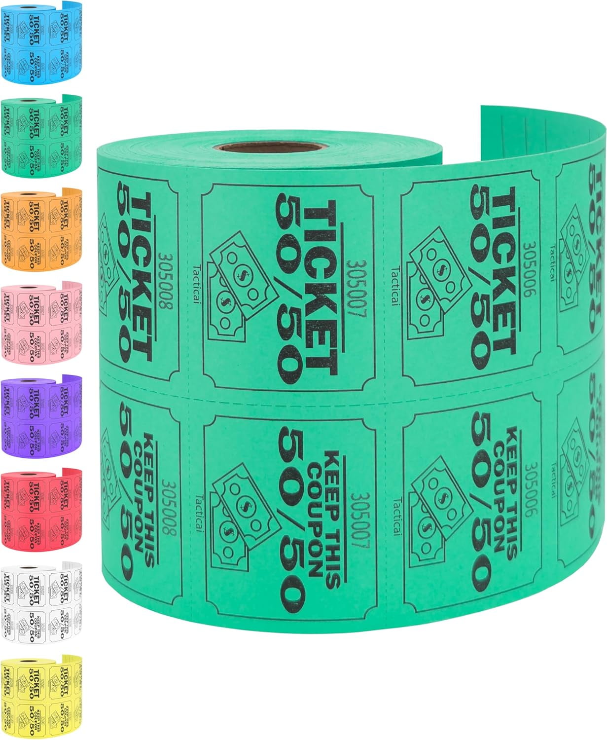 500 Raffle Tickets, 50/50, Green (1 of 8 Colors), Double Roll, Large ...