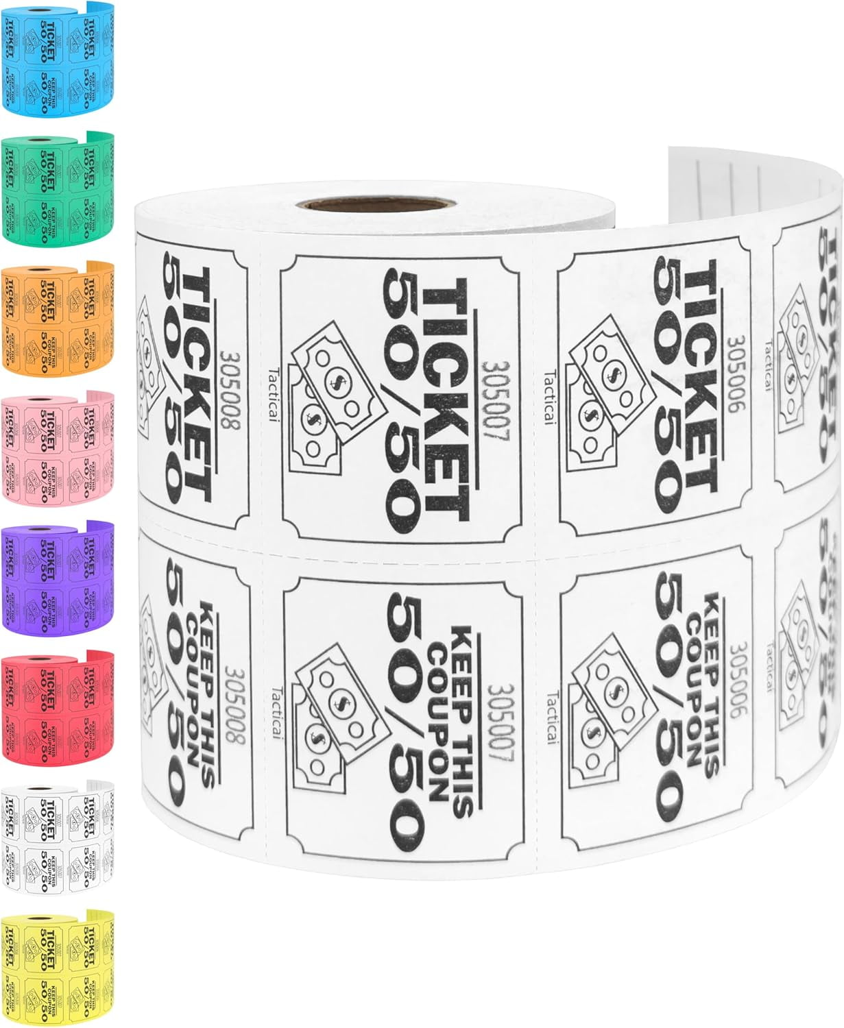 500 Raffle Tickets, 50/50, White (1 of 8 Colors), Double Roll, Large ...