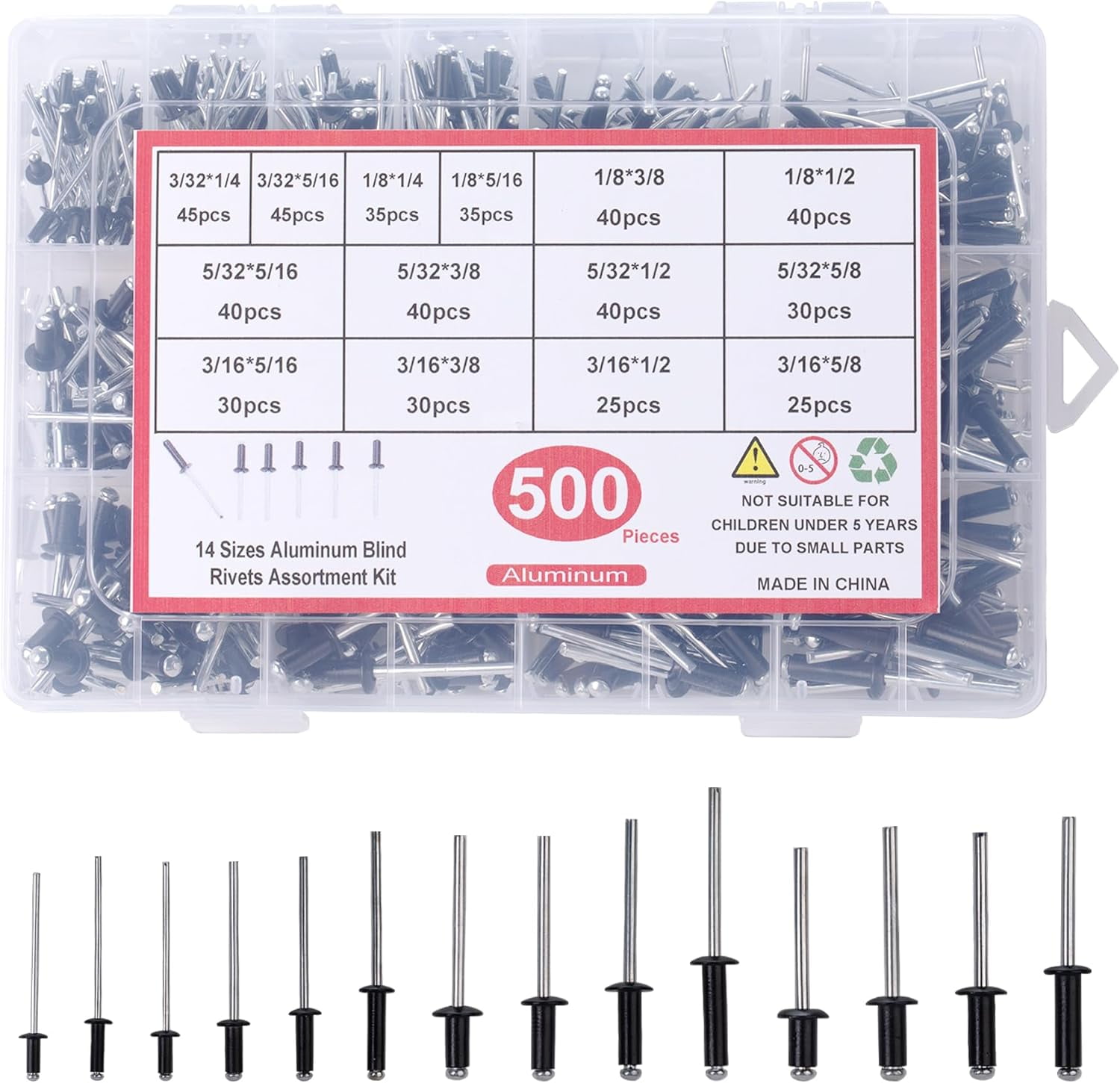 500 count Pop Rivets ,14 Sizes Rivets,Blind Rivets set,including 3/32 ...