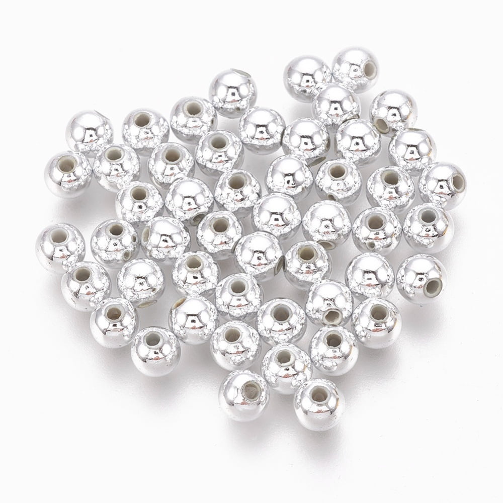 500 g Plastic Beads Eco-Friendly Electroplated Beads Round Silver ...