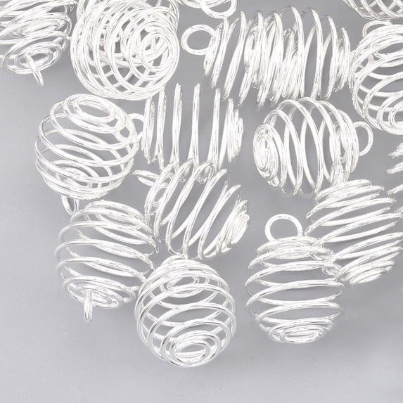 500 pc Iron Wire Pendants Spiral Bead Cage Pendants Round Silver Color ...