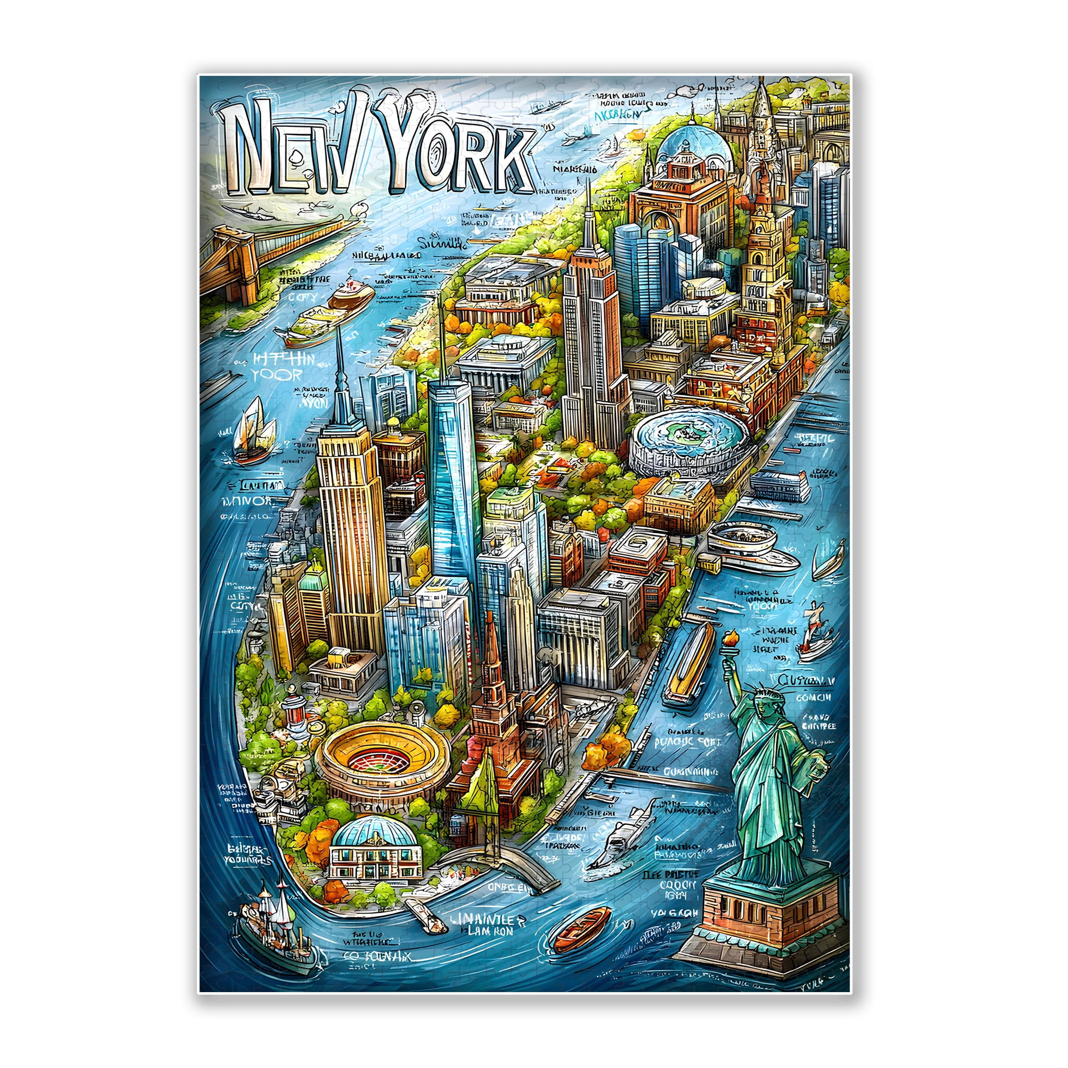 500-piece Hand-drawn map of New York's landmarks Adult Wooden Puzzle ...