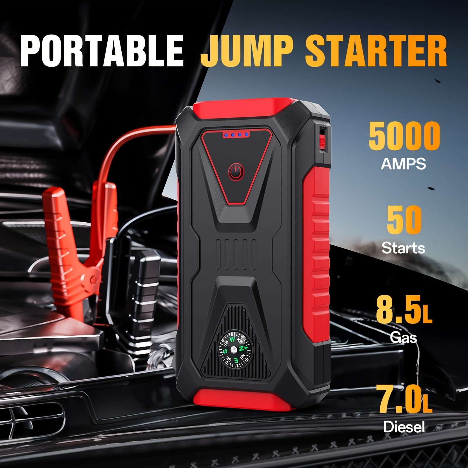 5000A Peak 12V Portable Car Jump Starter - Starts 2.64gal Gas/2.11gal ...