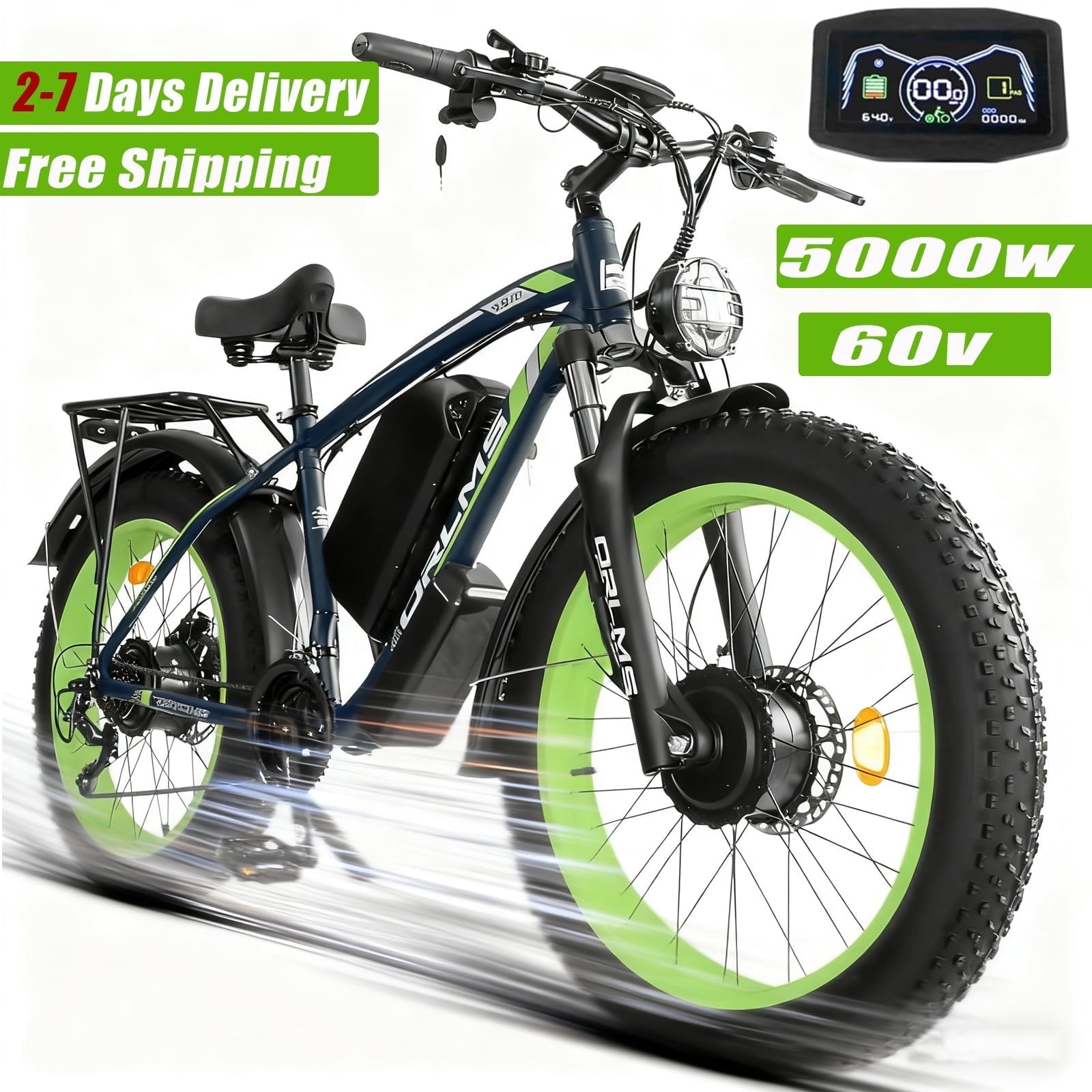 5000W Peak Dual Motor AWD Electric Bike, 60V 25AH 21-Speeds 45MPH 26 ...