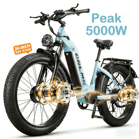 5000W (Peak) Dual-Motor Electric Bike, 52V 23AH Battery, 26*4.0 Fat ...