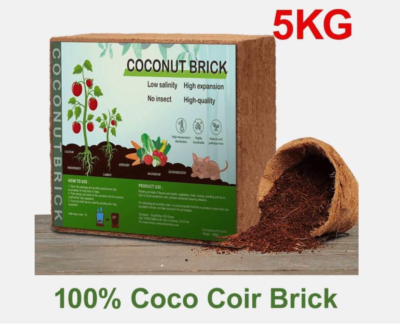 5000g (60L) Coco Fiber Coir Brick – Low Salt, Organic Soil Amendment ...