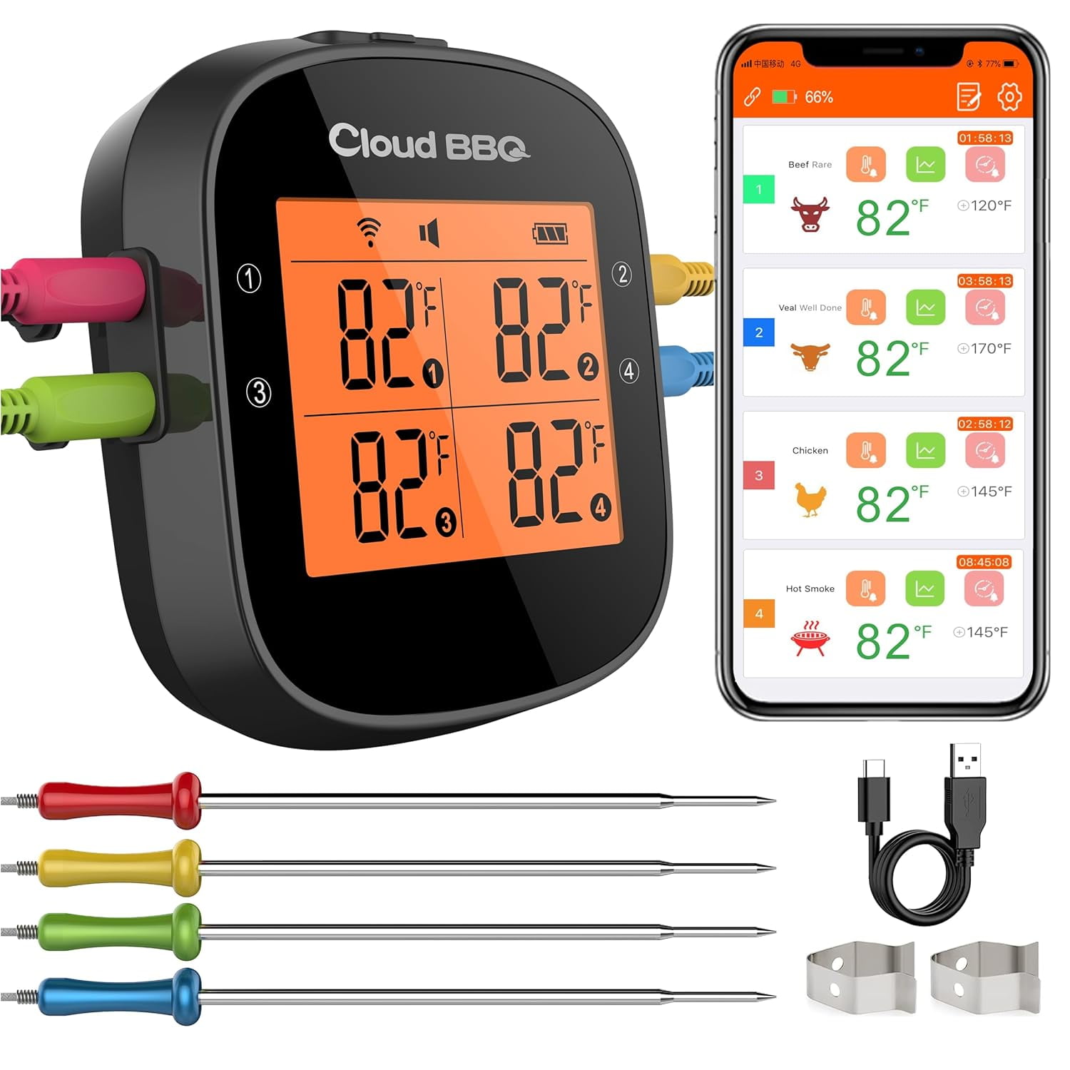 500FT Wireless Meat Thermometer, Smart Rechargeable BBQ Thermometer ...