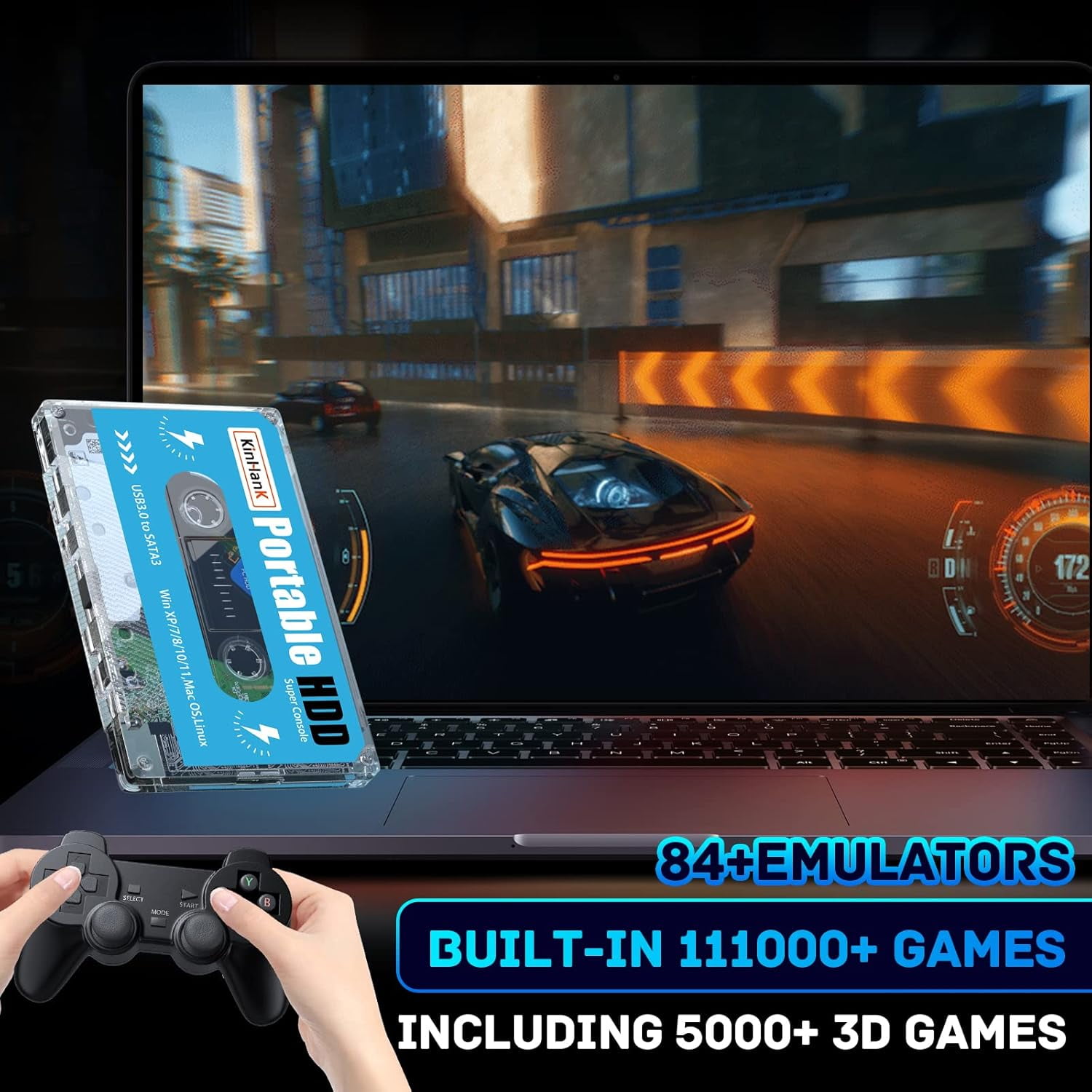 500G Portable External Game Hard Drive Disk, Built-in 111000+ Games, Batocera 33 Game System ...