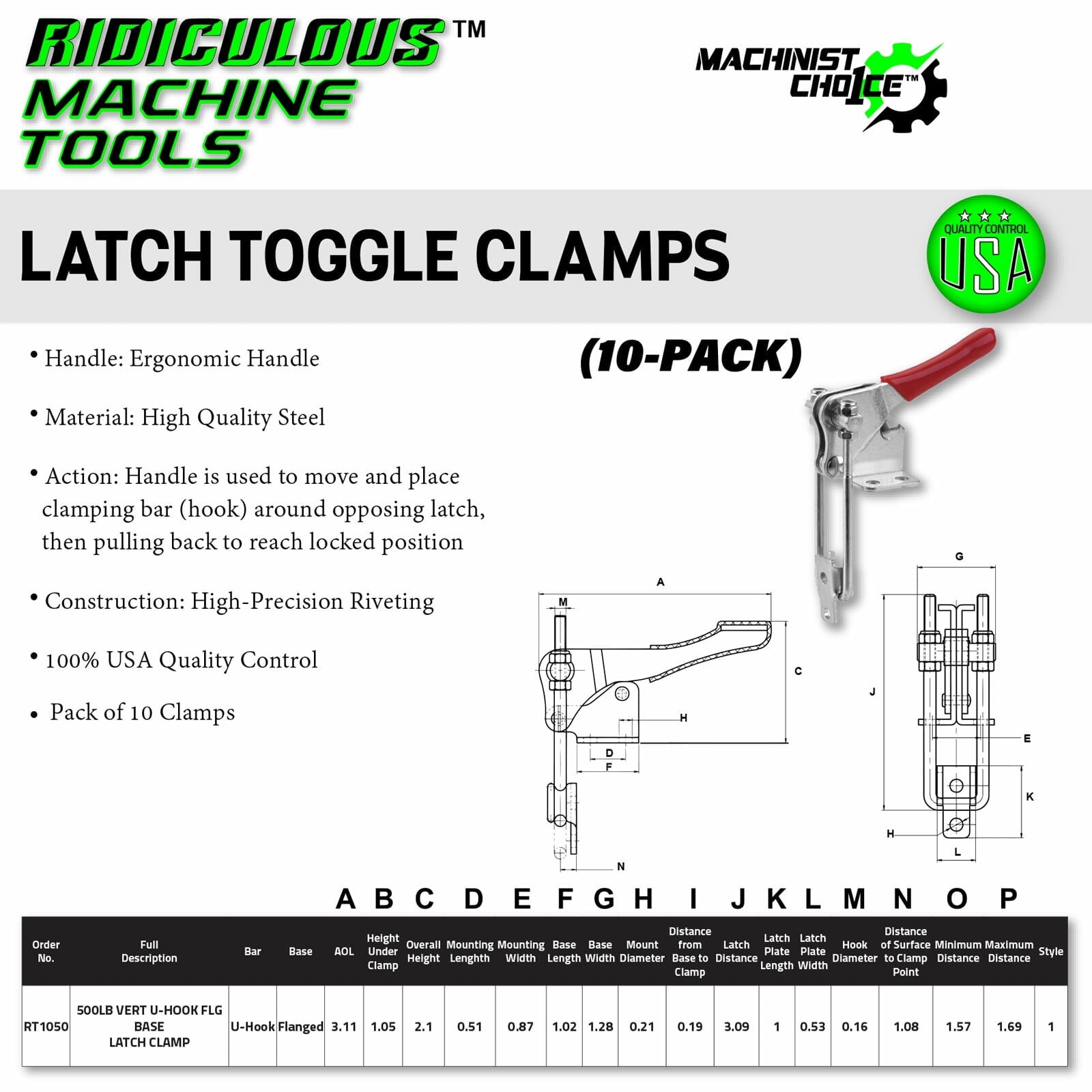 500LB Carbon Steel Vertical U-Hook Flange Base Latch Clamp 10 Pack ...