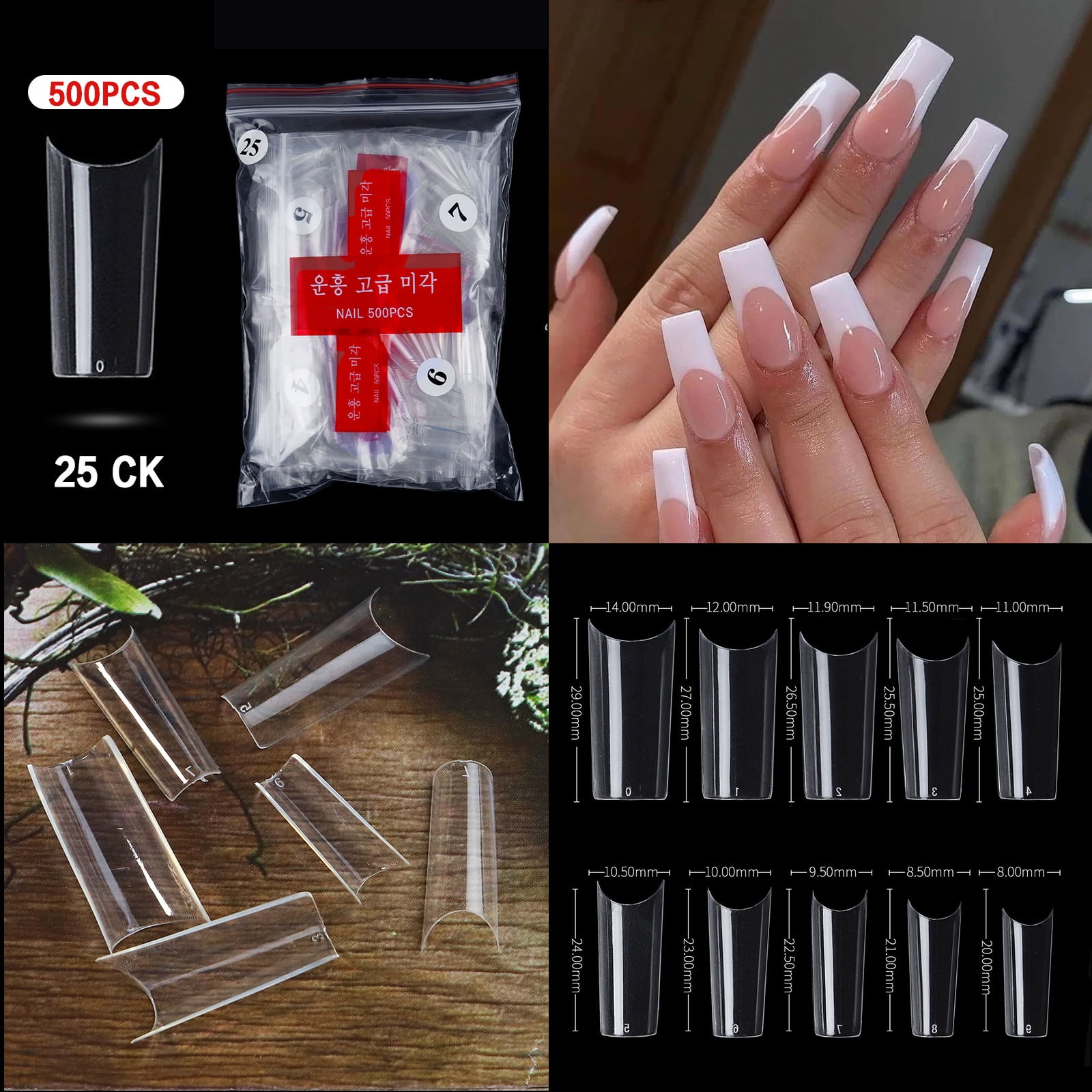 500PCS Pre Shaped False Nails Tips, 10 Sizes Lady French Style Acrylic ...