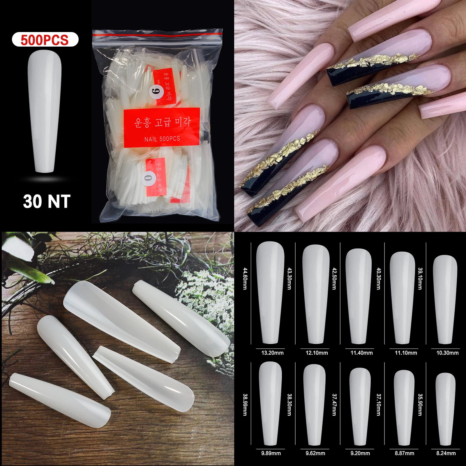 500PCS Pre Shaped False Nails Tips, 10 Sizes Lady French Style Acrylic ...