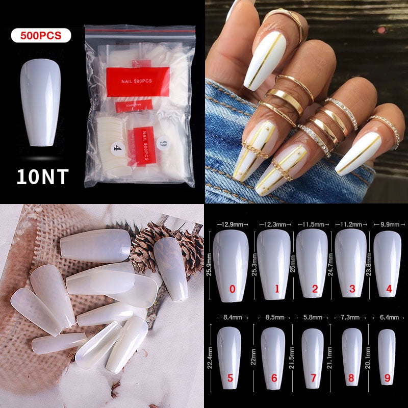 500PCS Pre Shaped False Nails Tips, 10 Sizes Lady French Style Acrylic ...