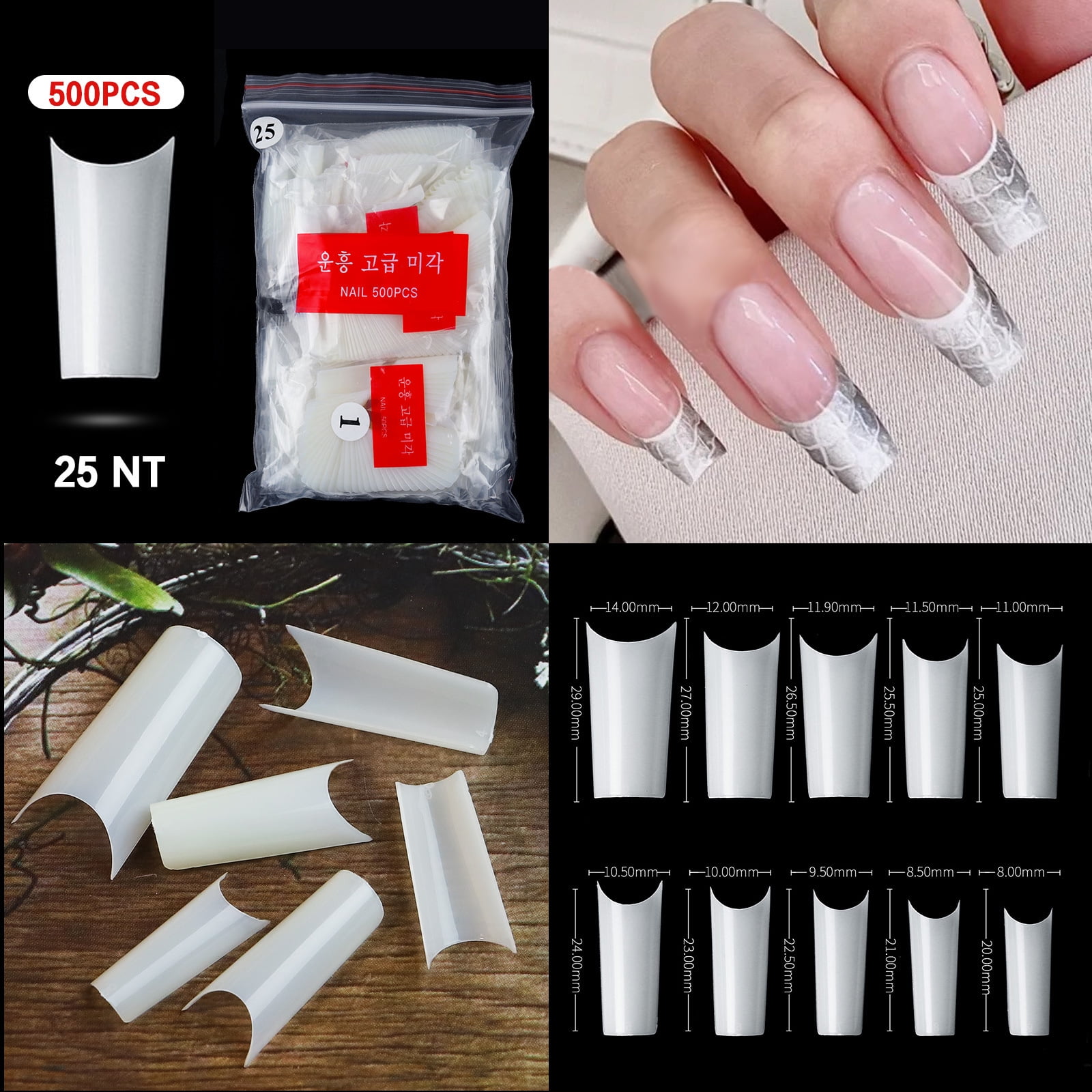 500PCS Pre Shaped False Nails Tips, 10 Sizes Lady French Style Acrylic ...