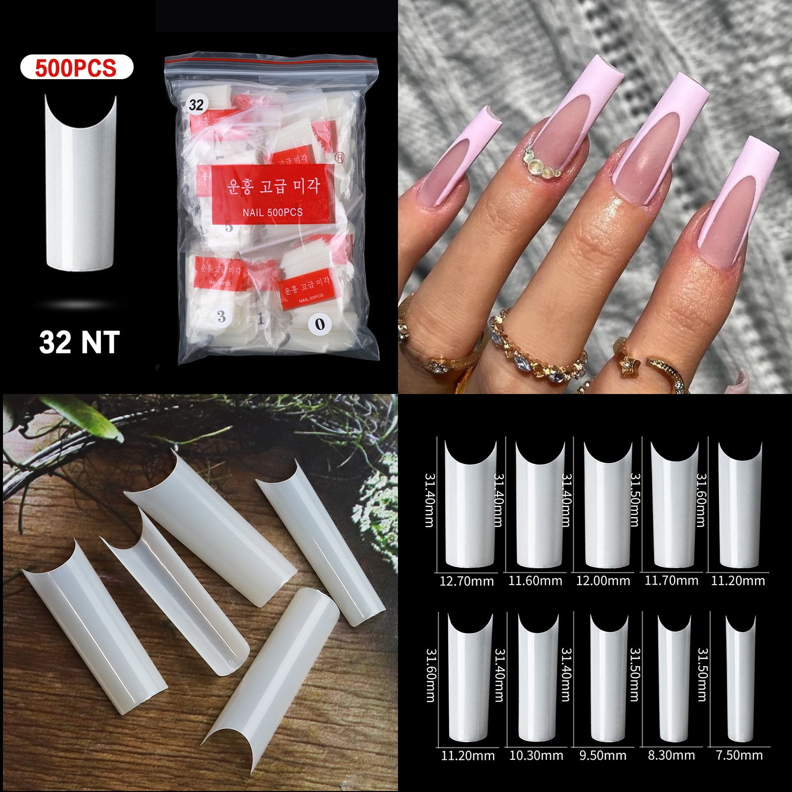 500PCS Pre Shaped False Nails Tips, 10 Sizes Lady French Style Acrylic ...