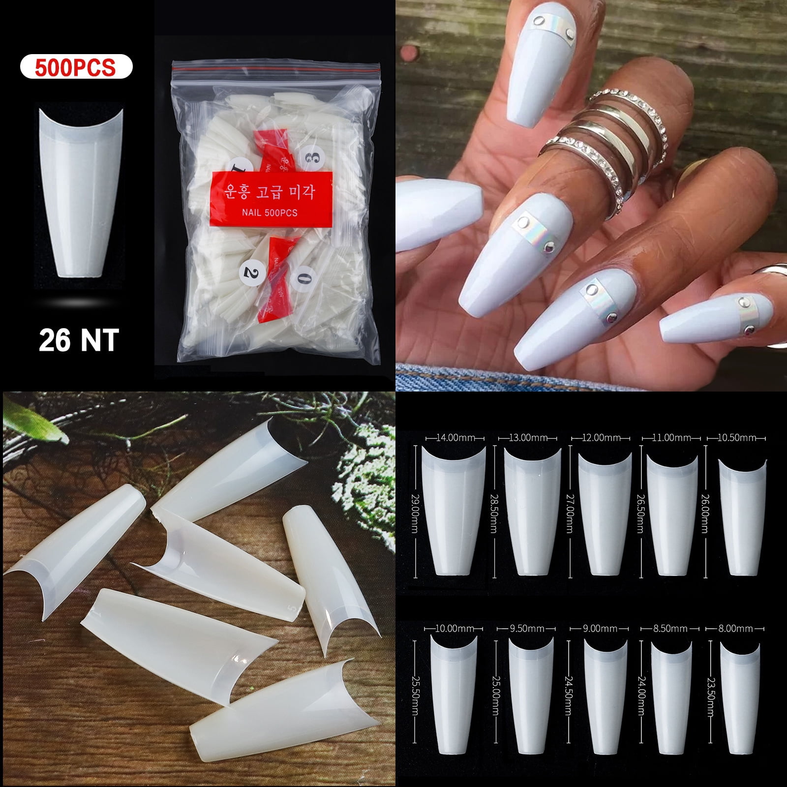 500PCS Pre Shaped False Nails Tips, 10 Sizes Lady French Style Acrylic ...
