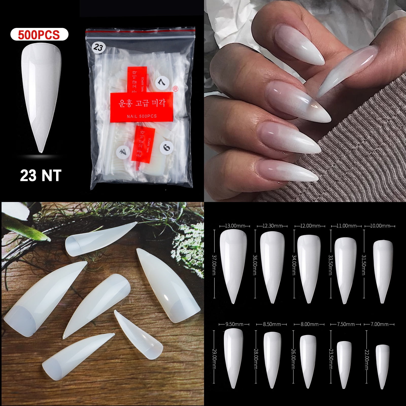 500PCS Pre Shaped False Nails Tips, 10 Sizes Lady French Style Acrylic ...