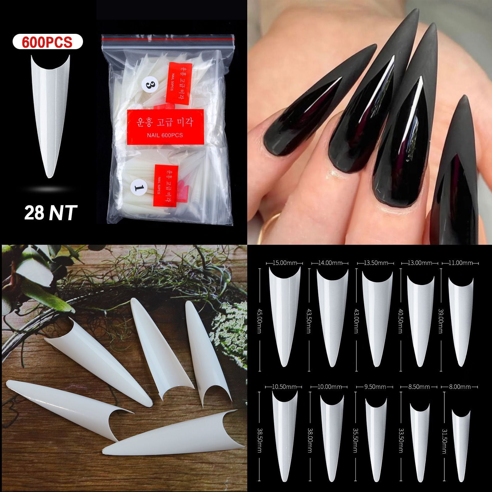 500PCS Pre Shaped False Nails Tips, 10 Sizes Lady French Style Acrylic ...