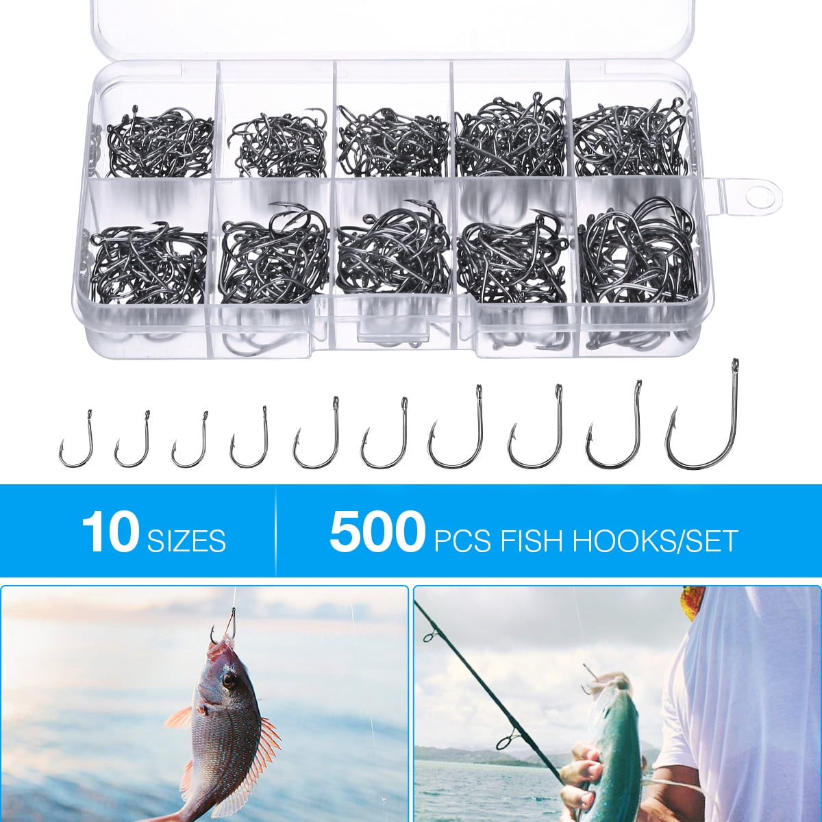 SLTG2020 500Pcs Black Fishing Hooks, 10 Sizes Barbed Jig Hooks, Carbon ...