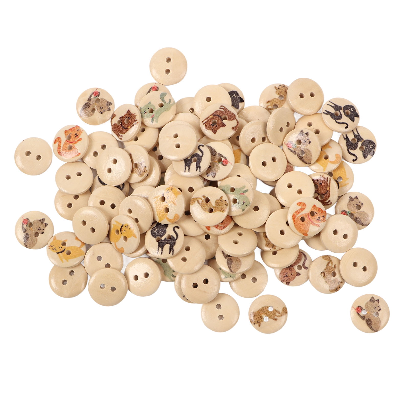 500Pcs Wooden Buttons 2 Holes Round Decorative Cartoon Cat Print ...