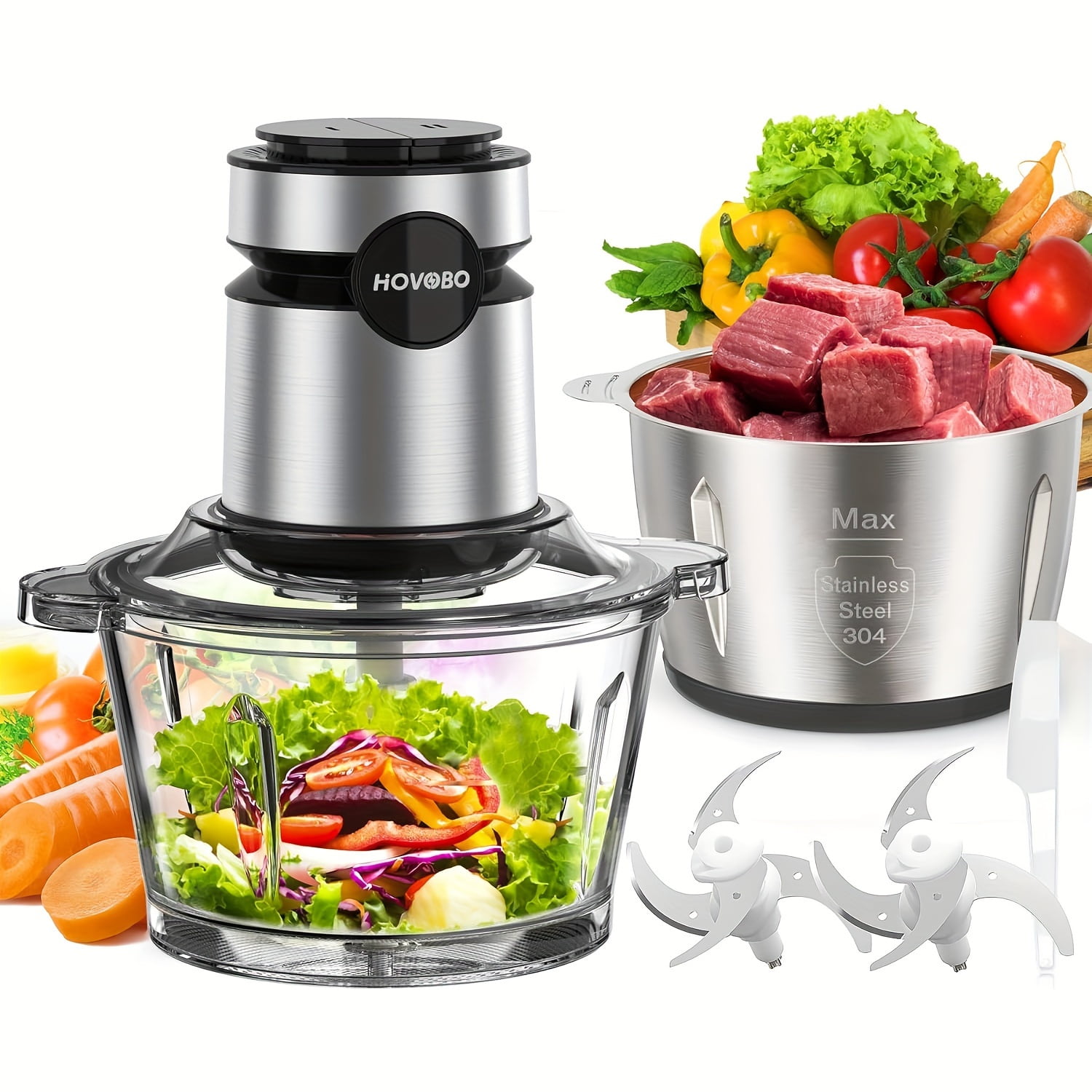 500W Electric Food Processor & Meat Grinder - 2 x 8 Cup Bowls, 2 Bi ...