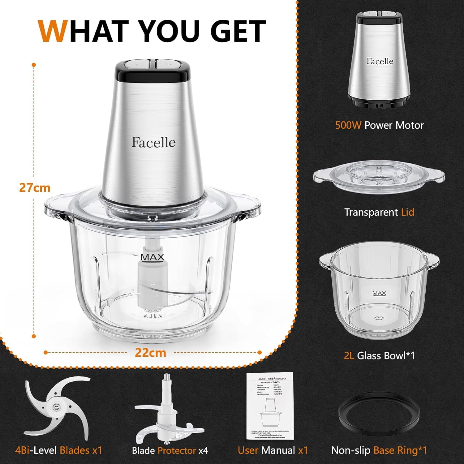 500W Electric Food Processor with 2L Glass Bowl and 4 Blades - Walmart.com
