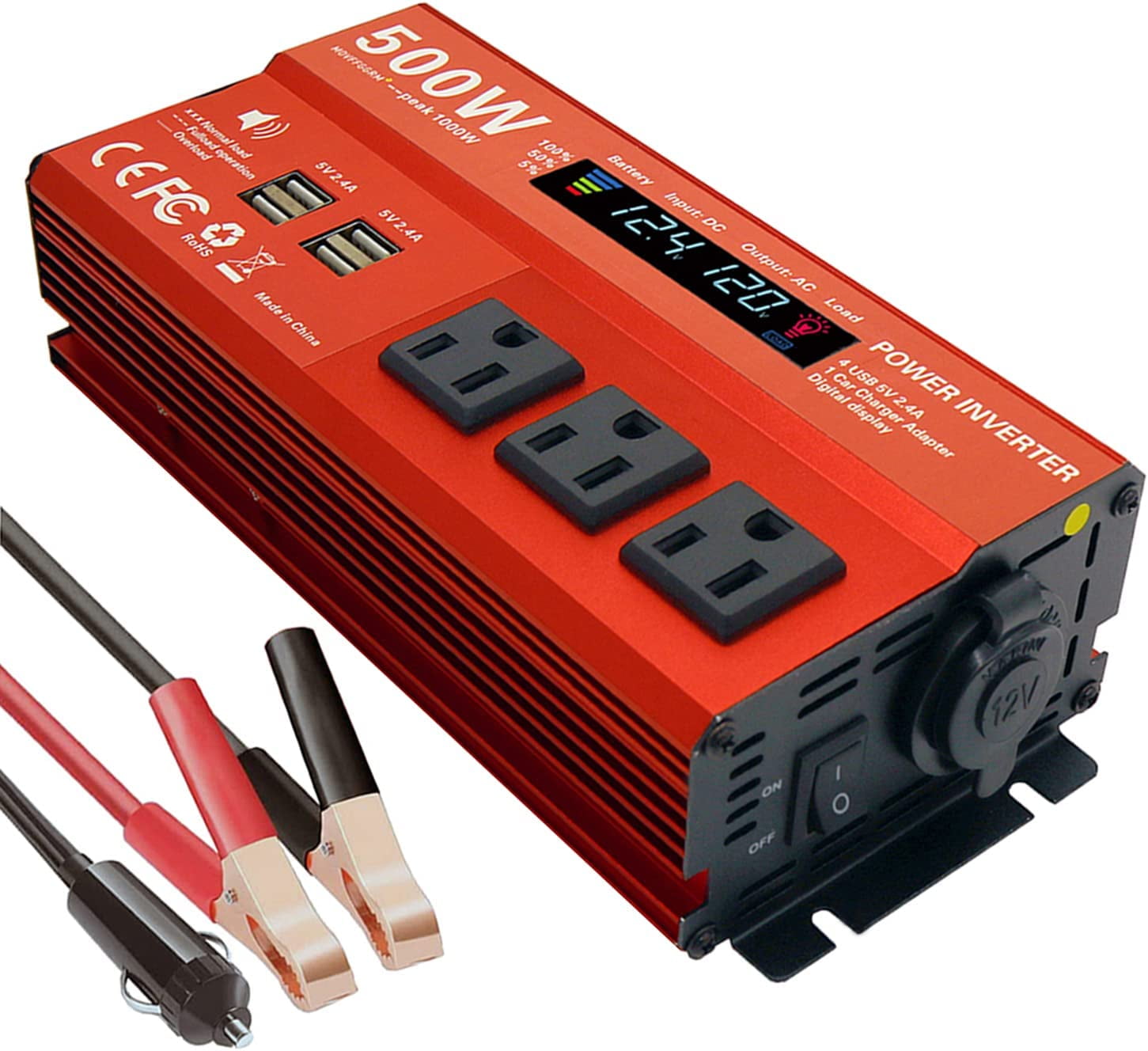 500W Peak 1000W Power Inverter for Vehicles,DC 12V to 110V AC,4 x 2.4A ...
