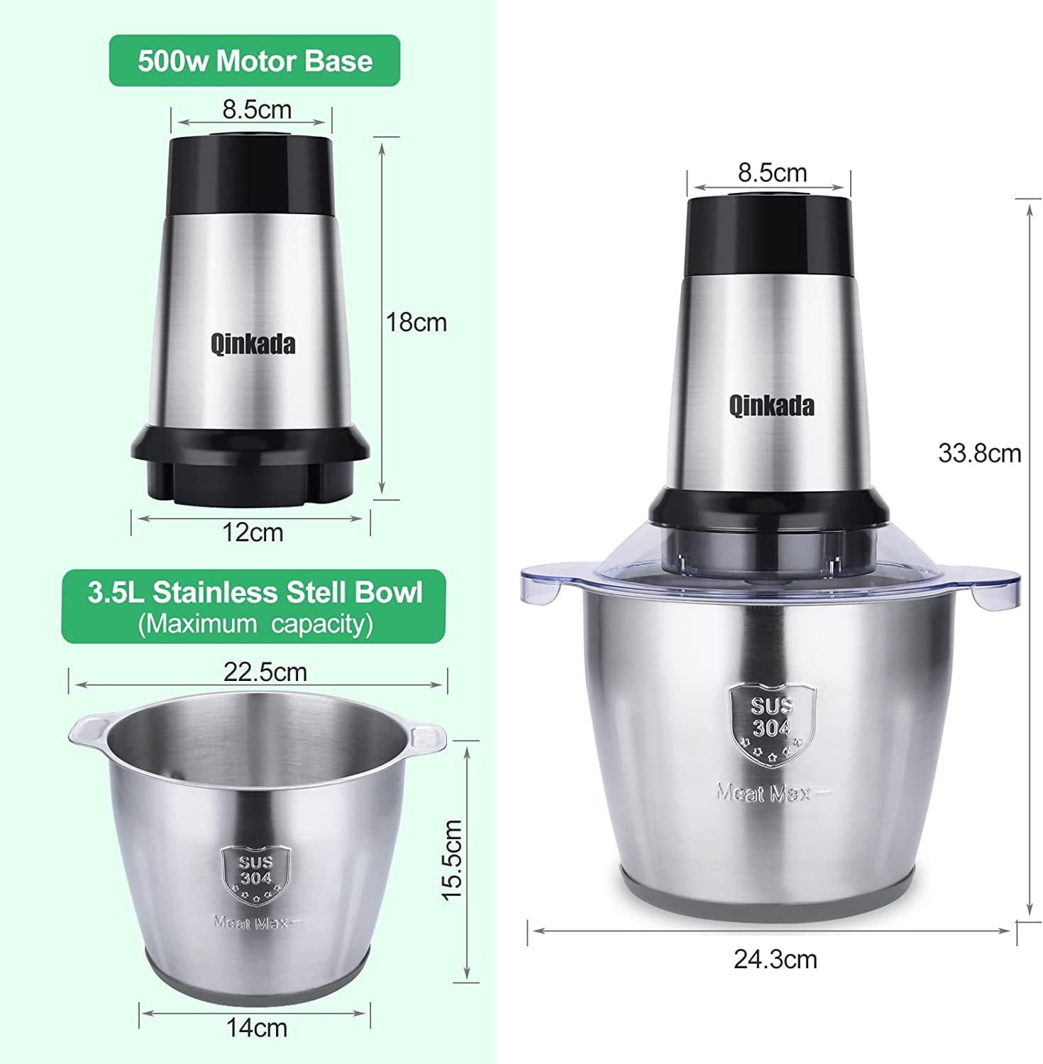 Food Processor, 500W Powerful Meat Grinder with 14 Cup Stainless Steel ...