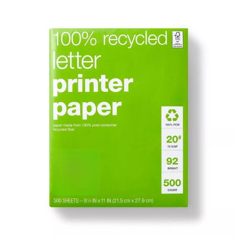 500ct 100% Recycled Letter Printer Paper White - ub&ub: 8.5x11 Inches ...