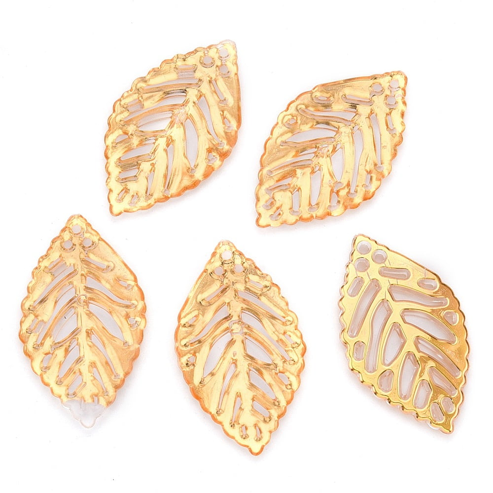 500g Transparent Acrylic Beads Golden Metal Enlaced Leaf Gold 34x20x3mm ...