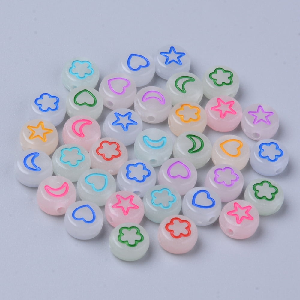 500gs Luminous Acrylic Beads Glow in the Dark Flat Round with Star ...