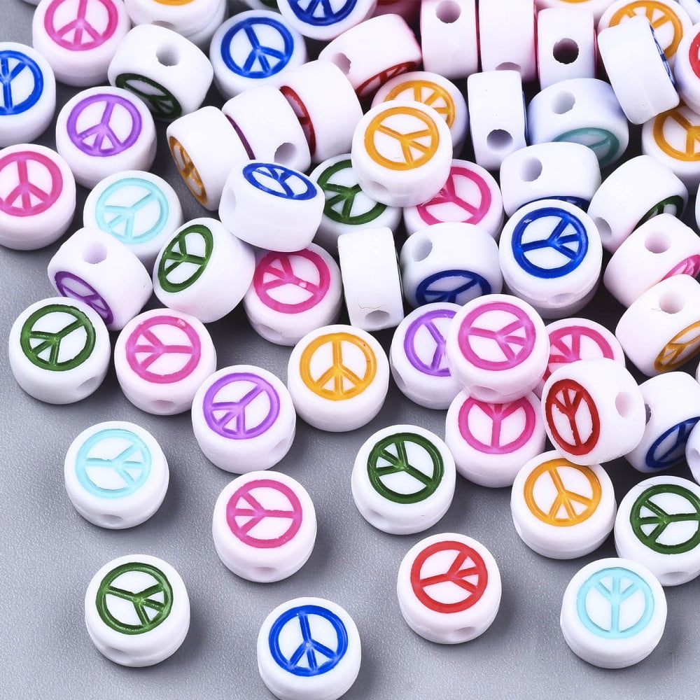 500gs Opaque Acrylic Beads with Enamel Flat Round with Peace Sign Mixed ...