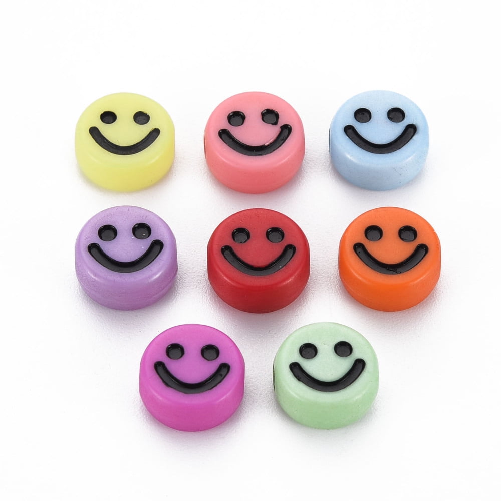 500gs Opaque Acrylic Beads with Enamel Flat Round with Smile Face Mixed ...