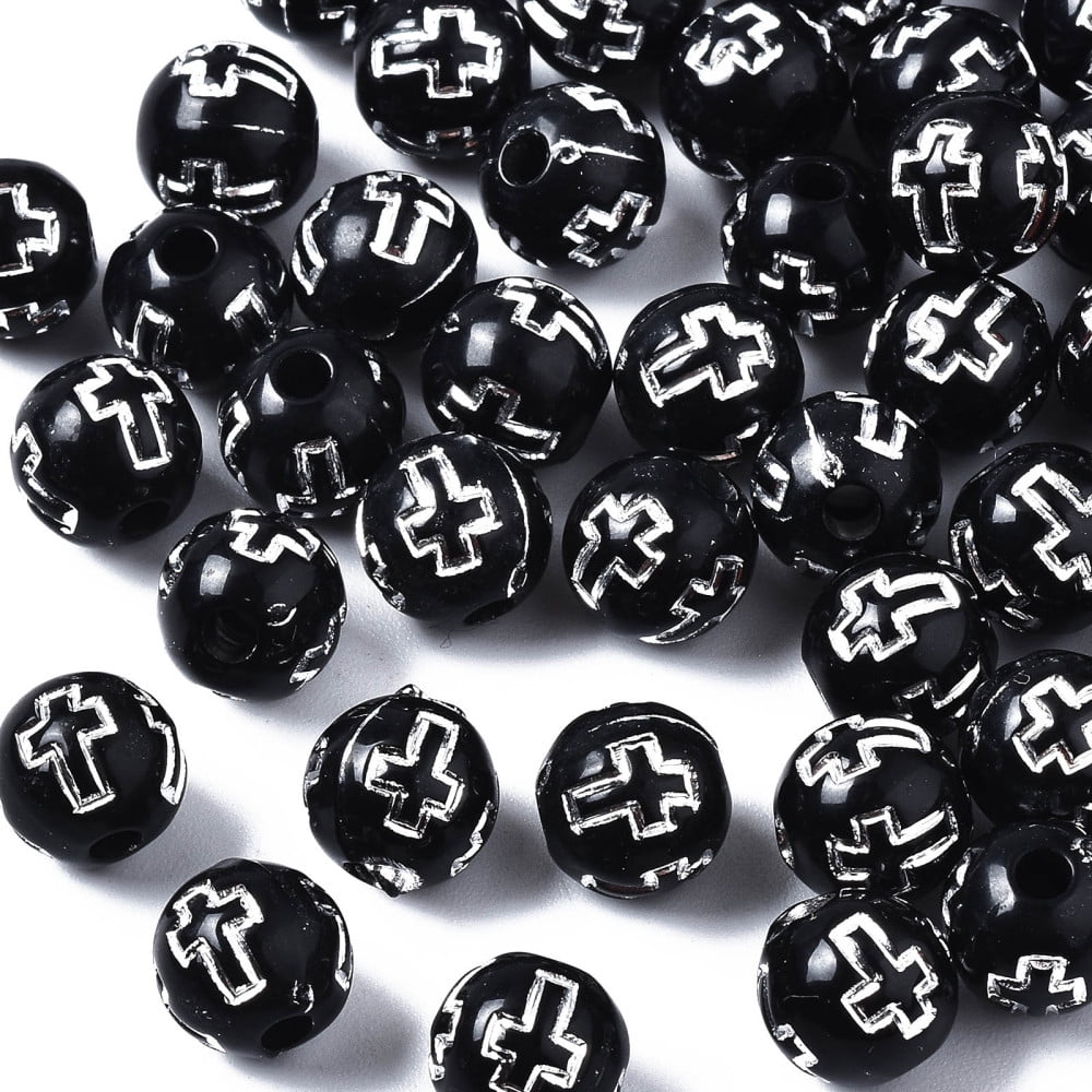 500gs Plating Acrylic Beads Silver Metal Enlaced Round with Black 8mm ...