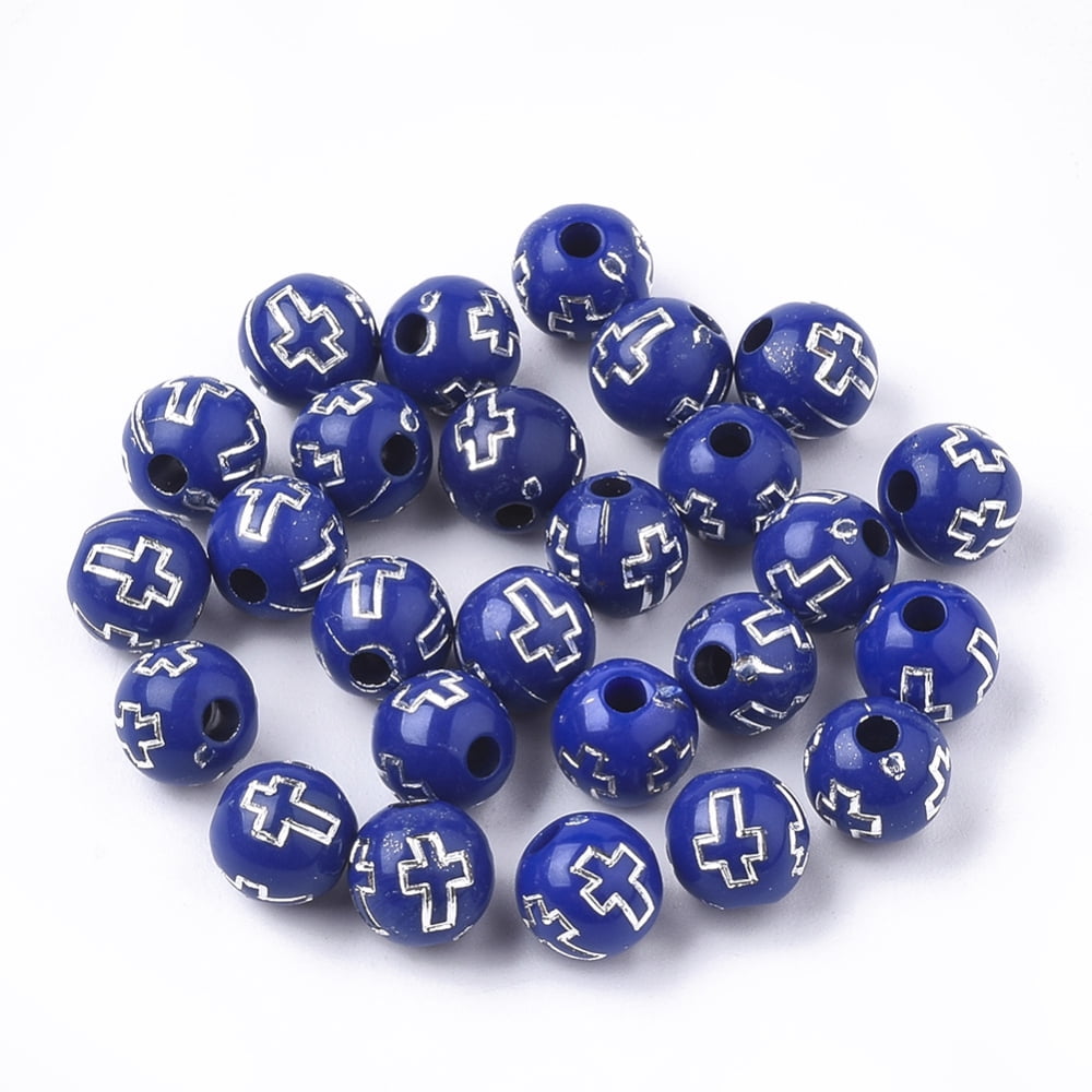 500gs Plating Acrylic Beads Silver Metal Enlaced Round with Cross Blue ...