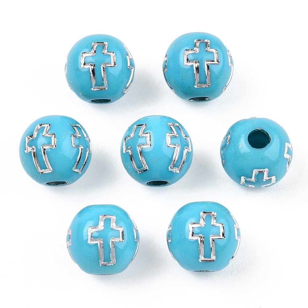 500gs Plating Acrylic Beads Silver Metal Enlaced Round with Cross Pale ...