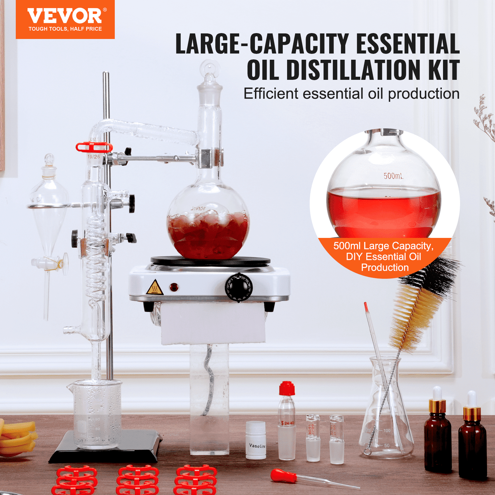 500ml Essential Oil Steam Distiller, 1000W Lab Glassware Kit with ...