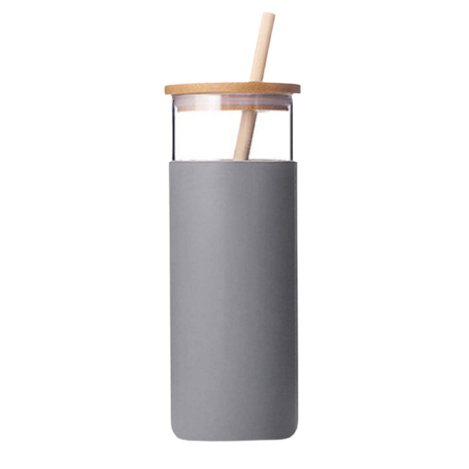 500ml Glass Water Bottle with Bamboo Lid and Straw, Wide Mouth Water ...