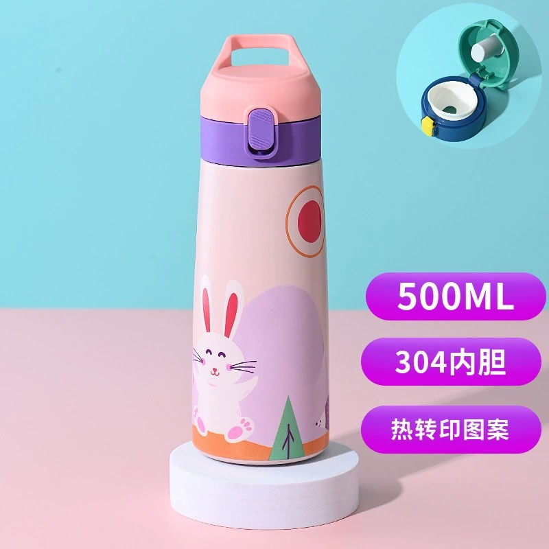 500ml Kids Thermos Bottle Two Lids Stainless Steel Straw Thermos Mug Leak-Proof Vacuum Flask ...