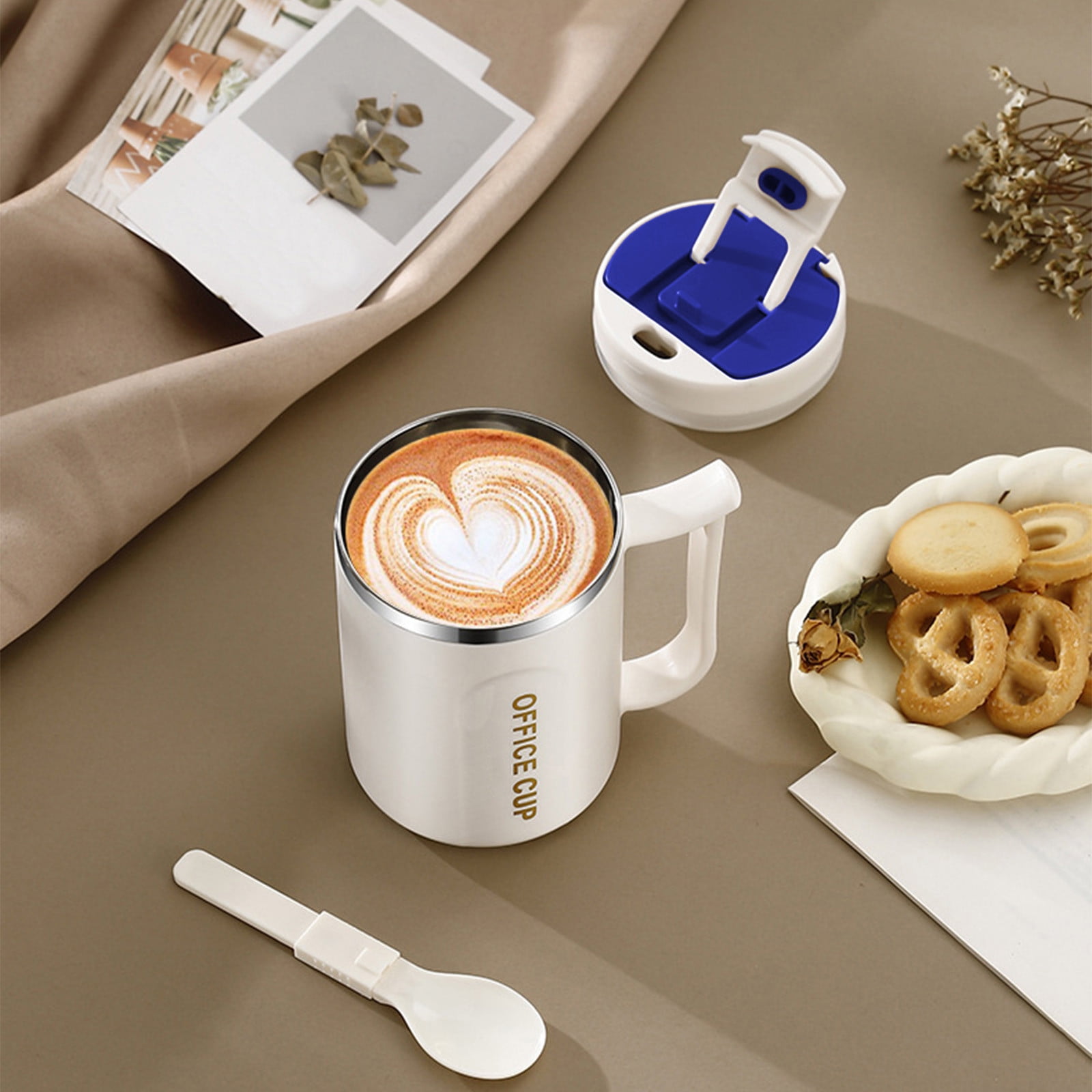 500ml Stainless Steel Coffee Mug with Foldable Spoon, Double Wall ...
