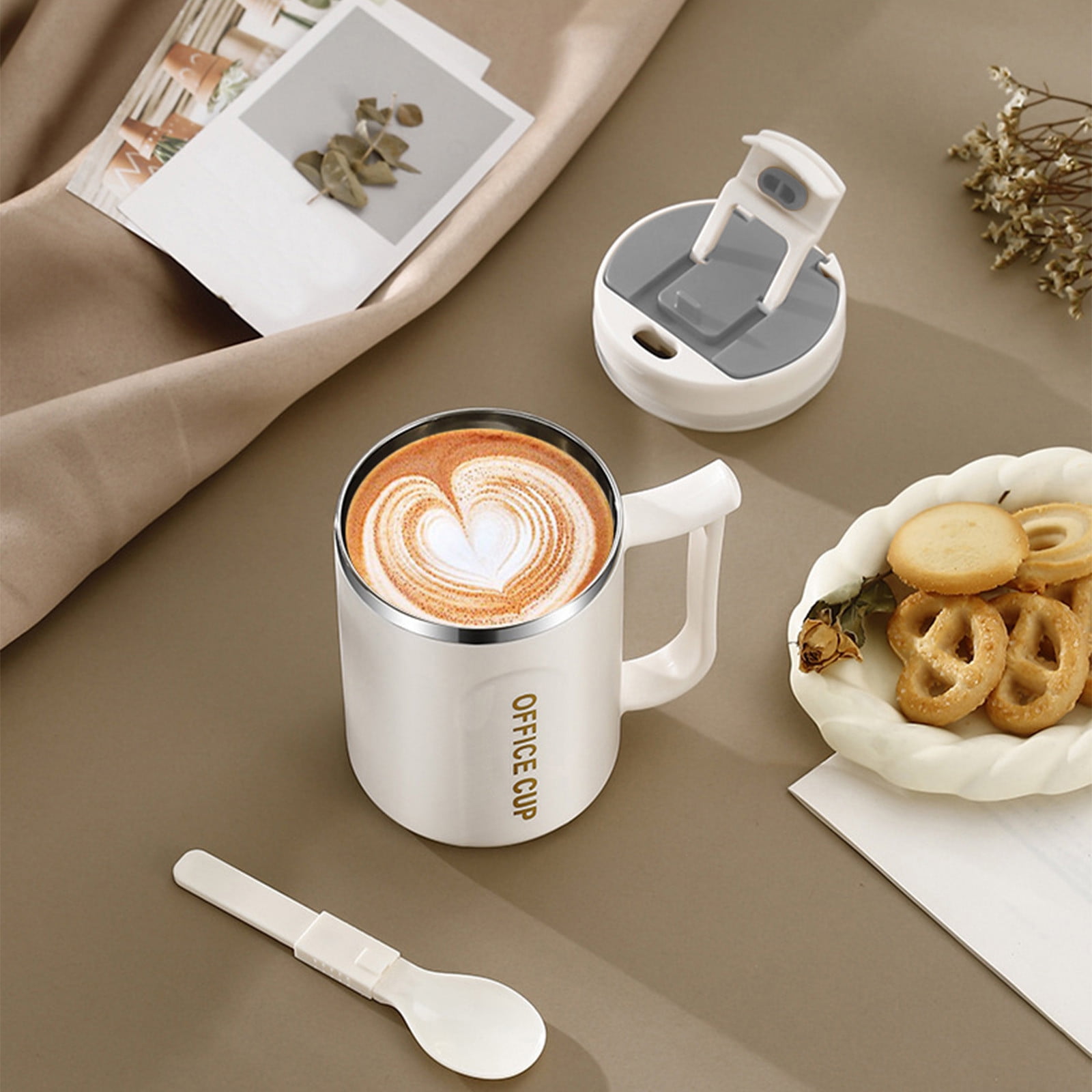 500ml Stainless Steel Double Layer Coffee Mug, With Lid & Handle ...