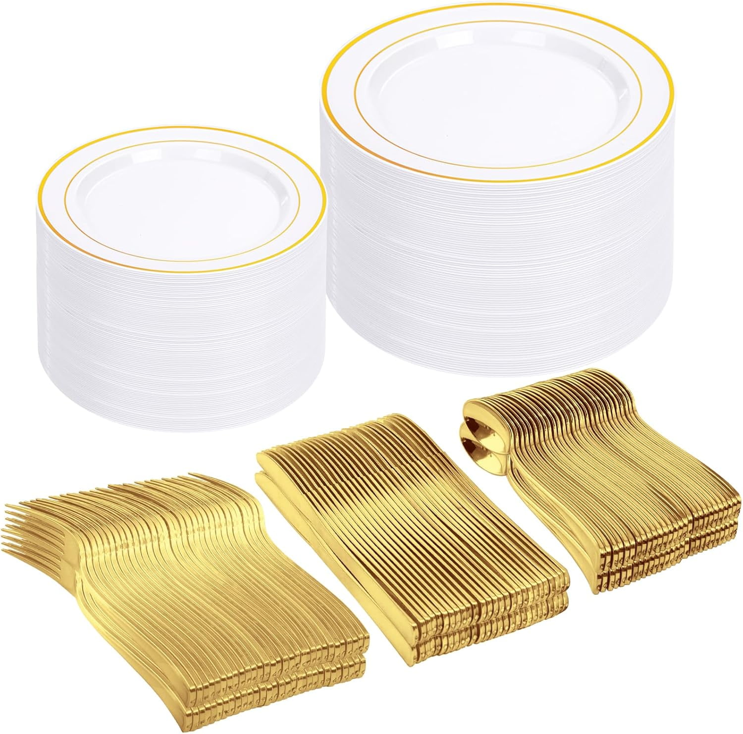 500pcs Gold Plastic Dinnerware Sets, Includes: 100 Gold Rim Dinner ...