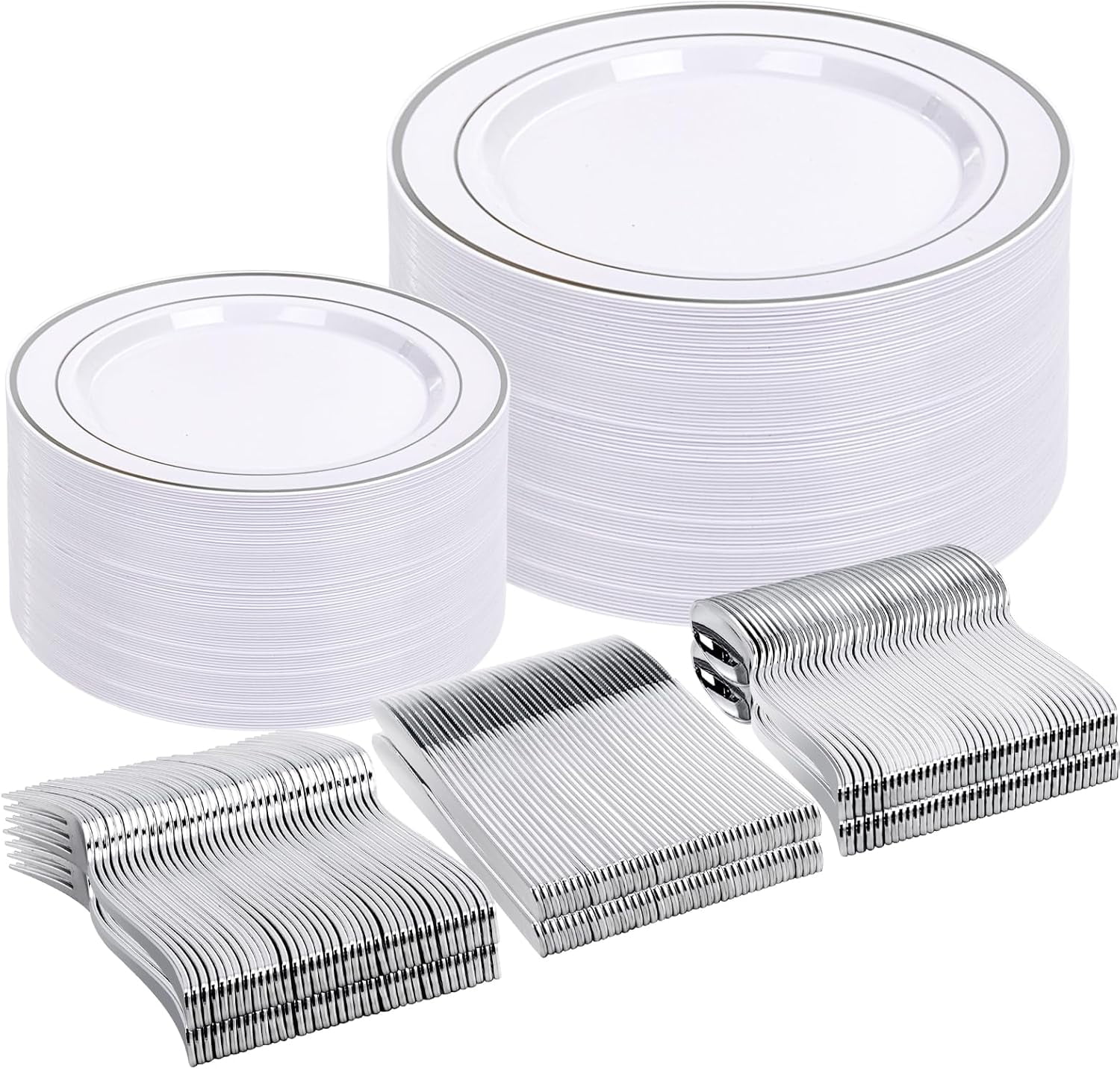 500pcs Silver Plastic Dinnerware Sets, Includes: 100 Silver Rim Dinner ...